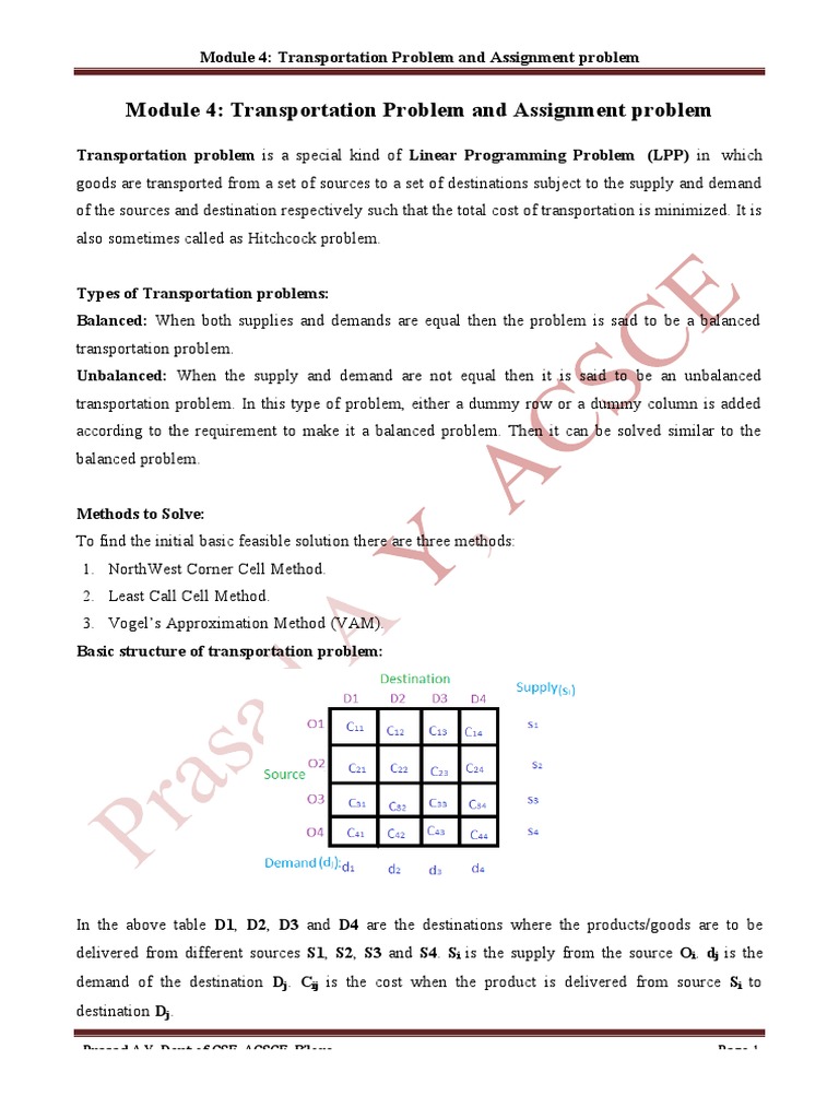 Module 4: Transportation Problem and Assignment Problem: Prasad A Y ...