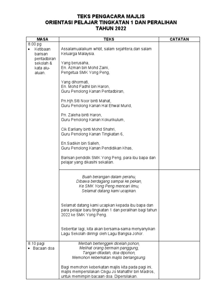 Teks Pengacara Majlis (Orientasi Tingkatan 1 2022) | PDF
