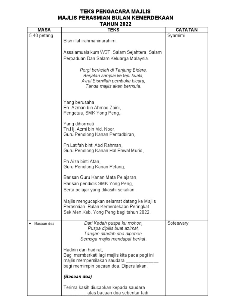 Teks Pengacara Majlis (Perasmian Bulan Kemerdekaan 2022) | PDF