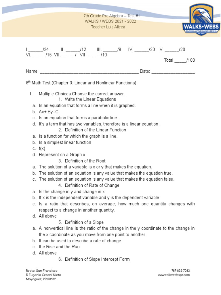 Algebra 1 Test | PDF | Equations | Elementary Mathematics