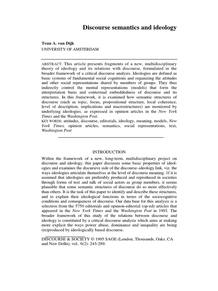 Discourse Semantics and Ideology: Teun A. Van Dijk | PDF | Discourse | Ideologies