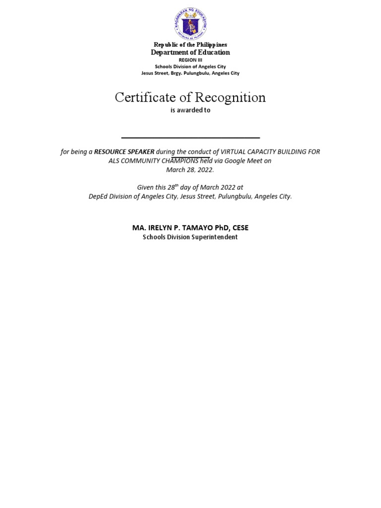 Certificate of Recognition Template (Resource Speaker) | PDF