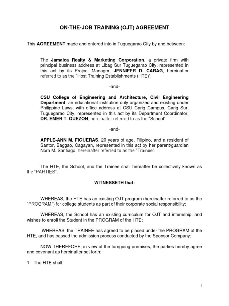 On-The-Job Training (Ojt) Agreement | PDF | Justice | Crime & Violence