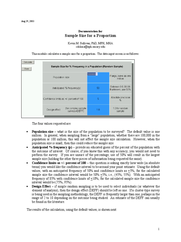 Sample Size For A Proportion | PDF | Sample Size Determination | Sampling (Statistics)