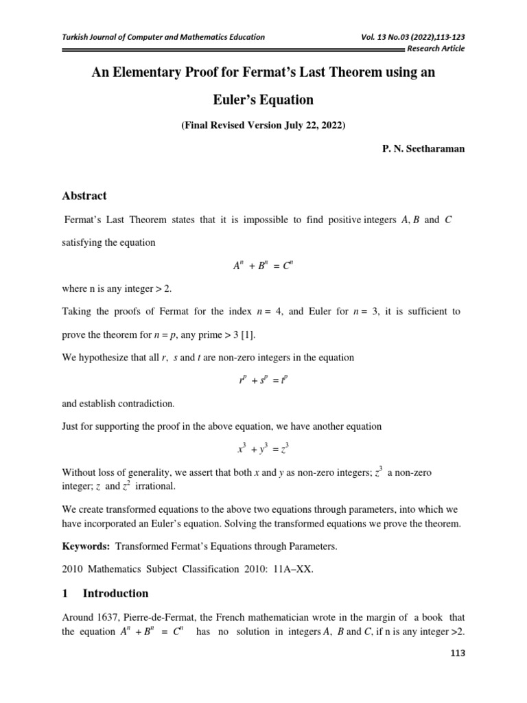 An Elementary Proof For Fermat's Last Theorem Using An Euler's Equation ...