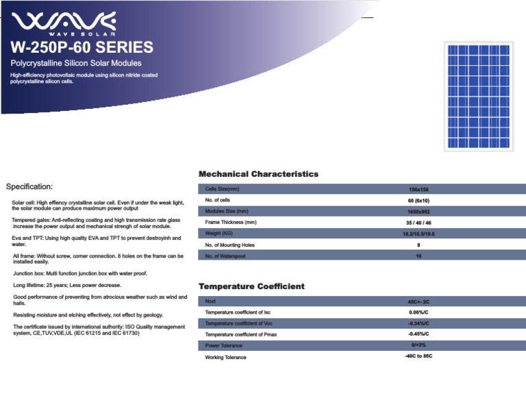 W-250P-60 SERIES: Polycrystalline Silicon Solar Modules | PDF | Solar ...