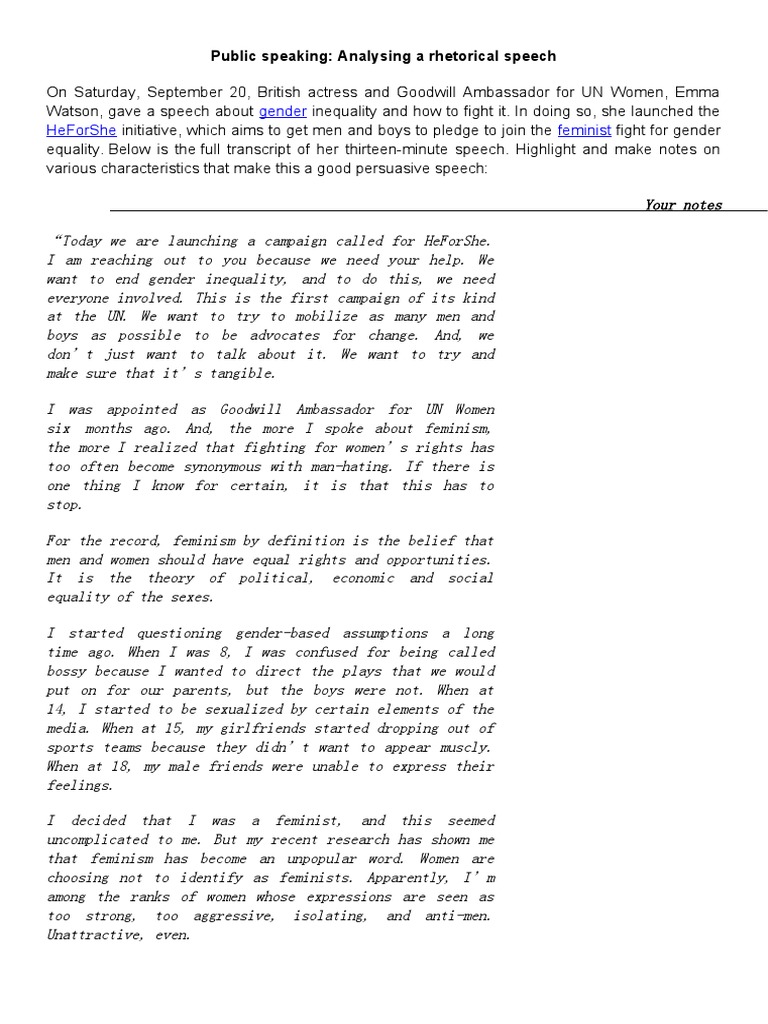 Emma Watson's UN Speech Transcript - Gender Equality | PDF | Feminism ...