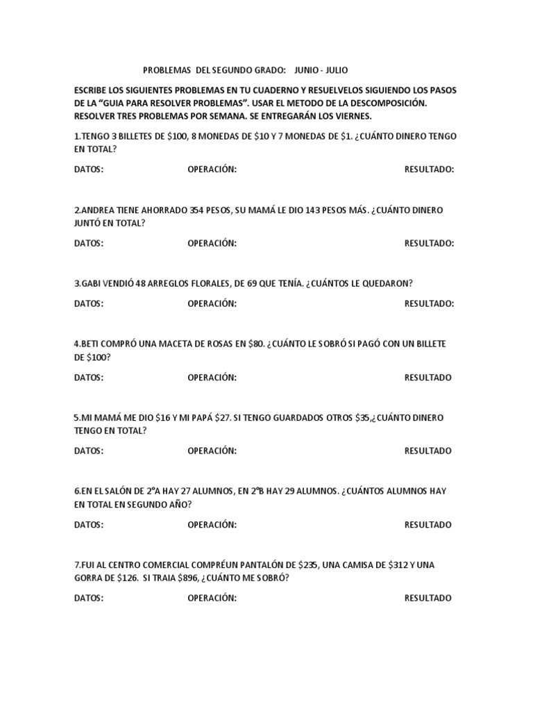 Problemas de matemáticas para segundo grado: resolución de operaciones ...