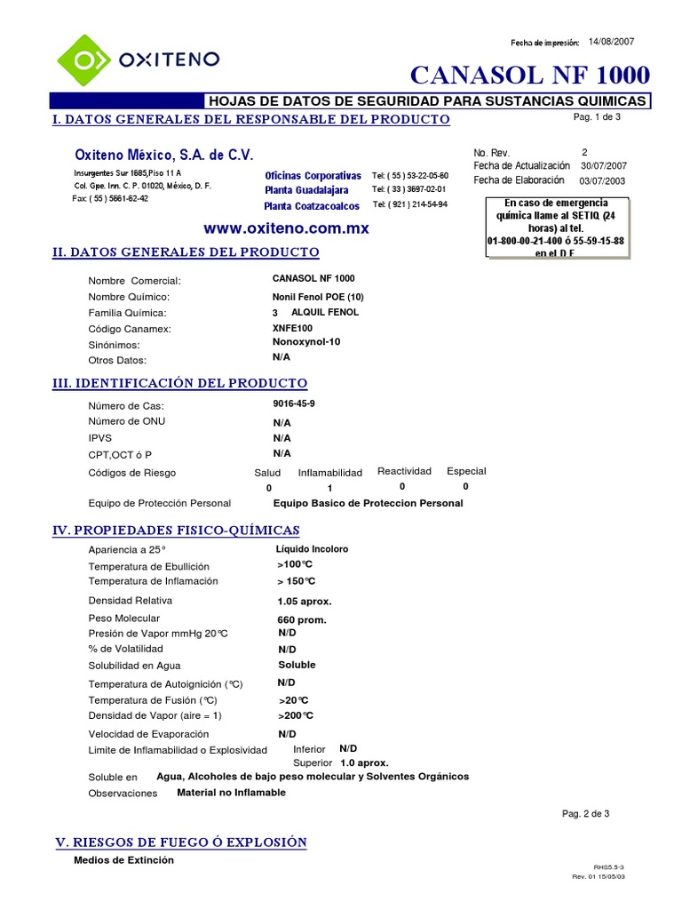 Canasol NF 1000 Granel | PDF | Agua | Dióxido de carbono