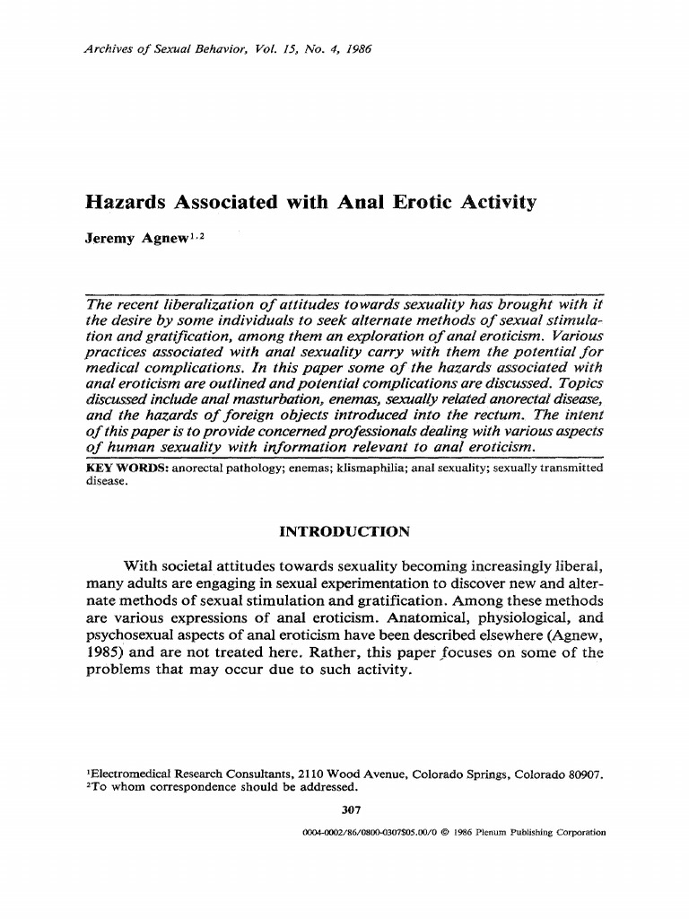 Hazards Associated With Anal Erotic Activity: Jeremy Agnew 1'2 | PDF ...