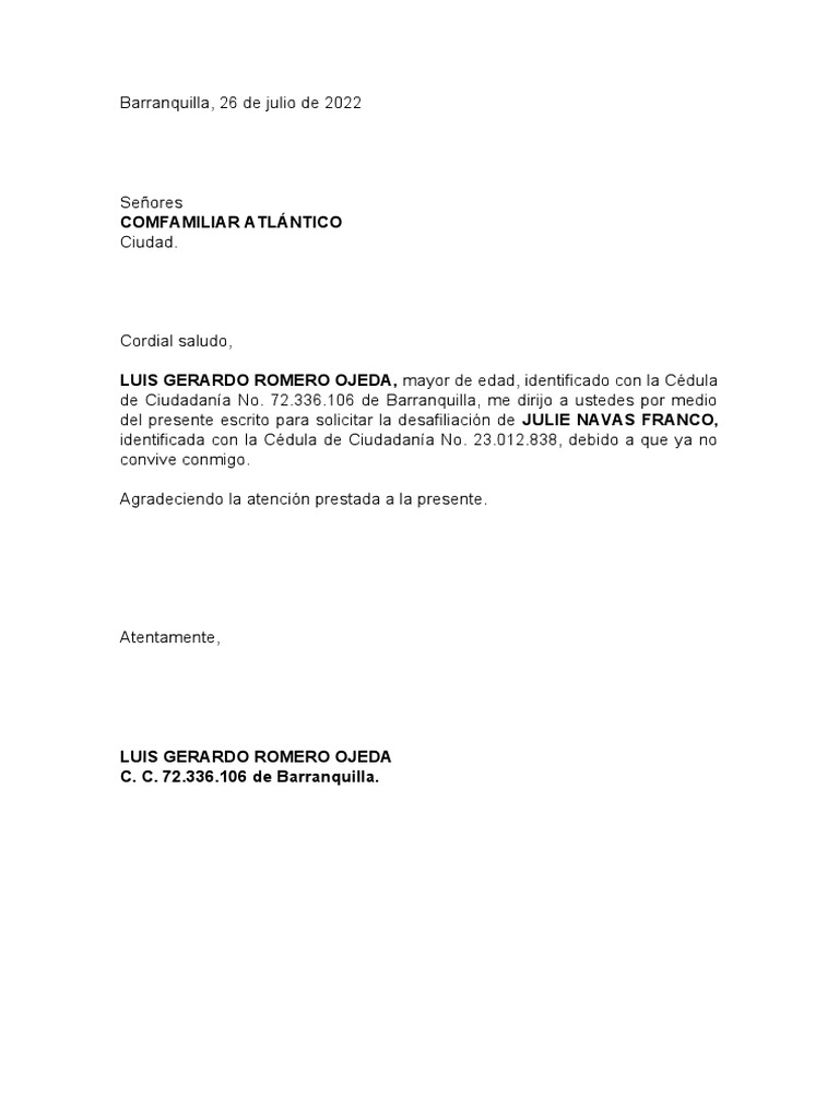 Carta Comfamiliar | PDF