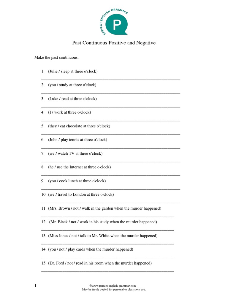 Past Continuous Positive and Negative: May Be Freely Copied For ...