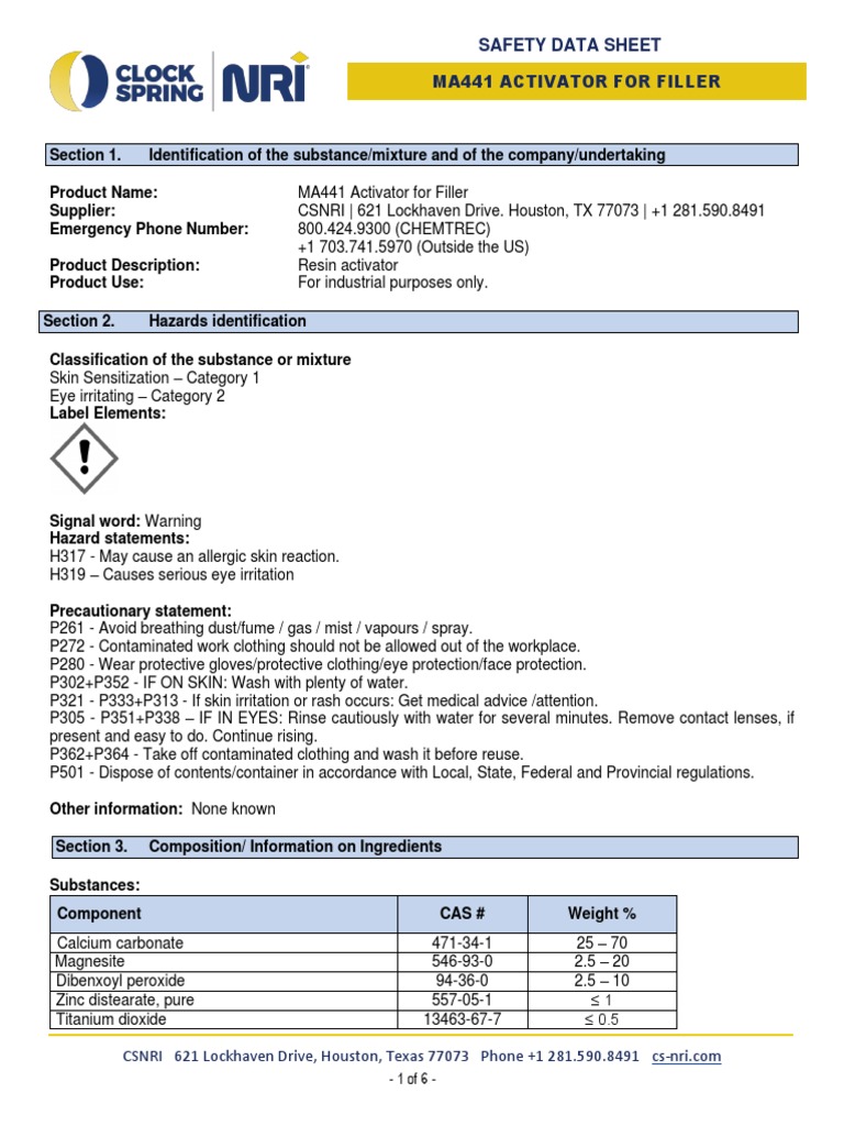 Safety Data Sheet Ma441 Activator For Filler | PDF | Dangerous Goods ...