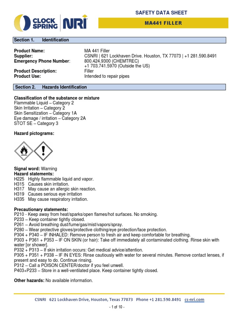 Safety Data Sheet Ma441 Filler | PDF | Dangerous Goods | Firefighting