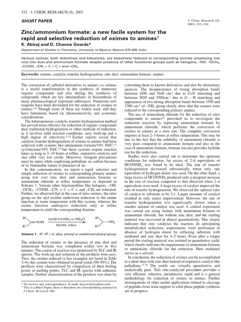 Zinc/ammonium Formate: A New Facile System For The Rapid and Selective Reduction of Oximes To ...