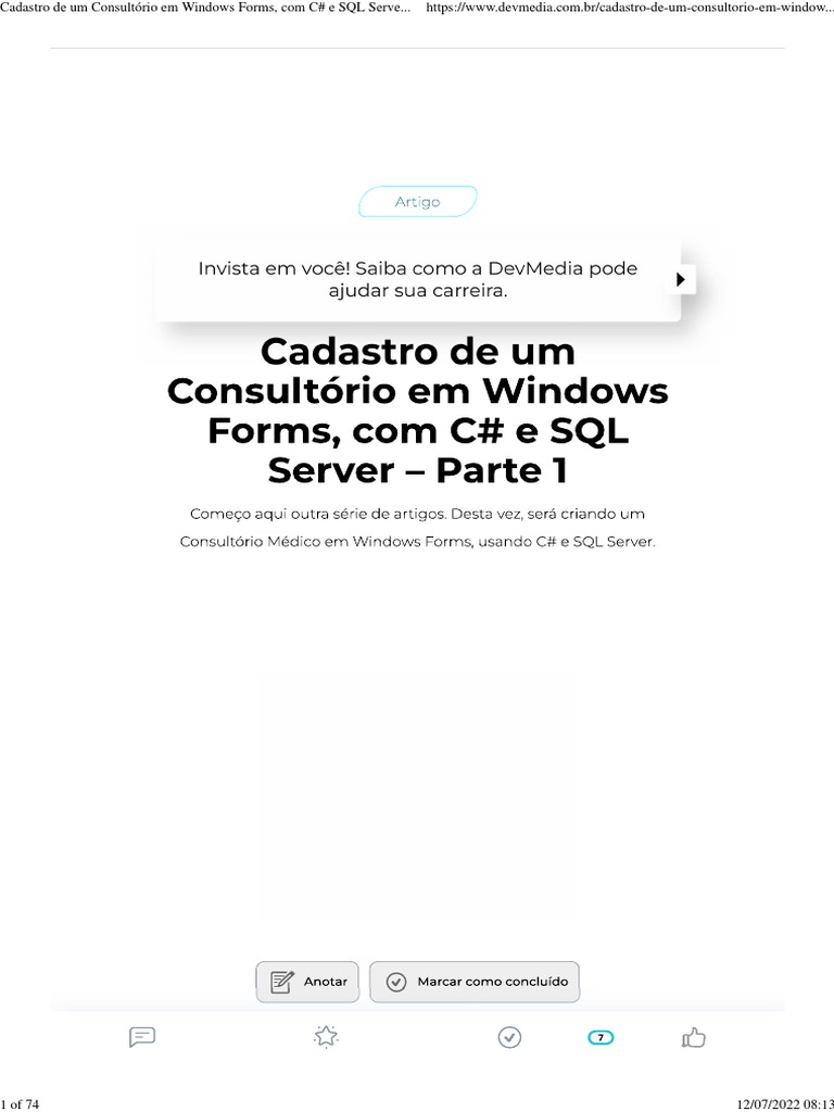 Cadastro de Um Consultório Em Windows Forms, Com C# e SQL Server – Parte 1 | PDF
