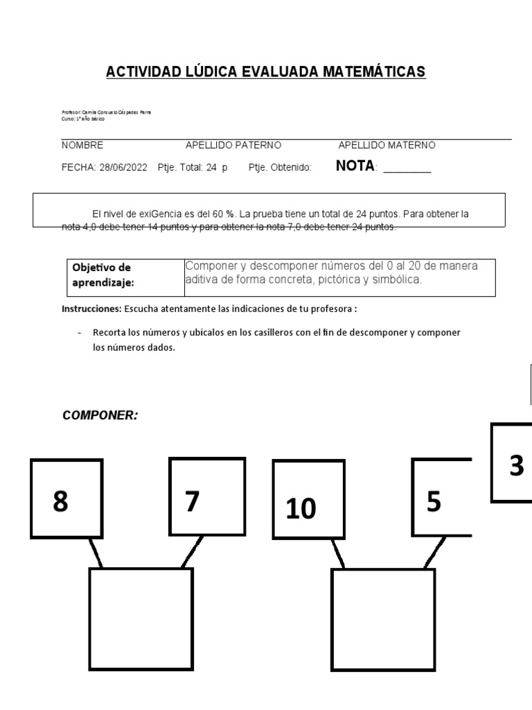 1° Básico B Matemáticas ACTIVIDAD EVALUADA COMPONER Y DESCOMPONER | PDF