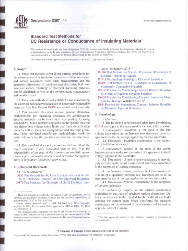 Astm d257 Standard Test Method For DC Resistance or Conductance of ...