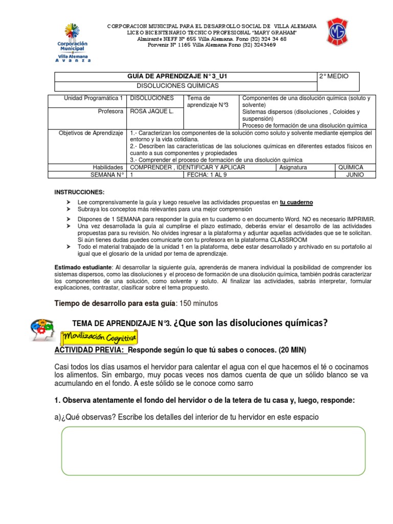 Quí - U1 - 2em Guía N°05 Disoluciones Químicas | PDF | Mezcla | Coloide