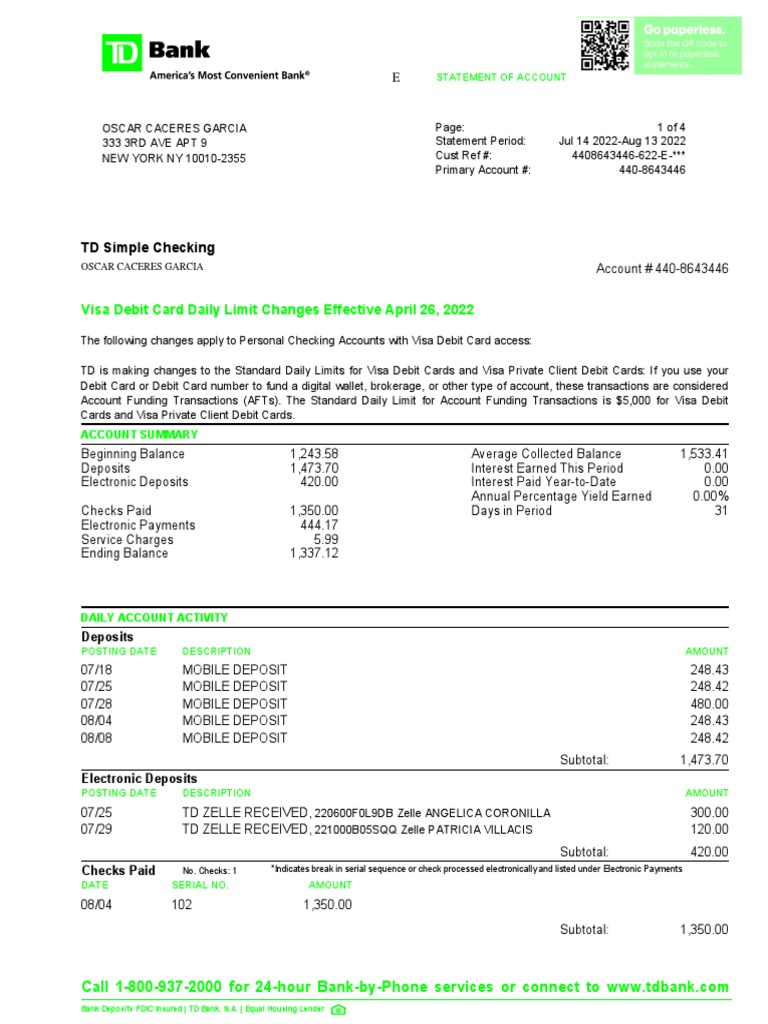TD Simple Checking: Visa Debit Card Daily Limit Changes Effective April ...