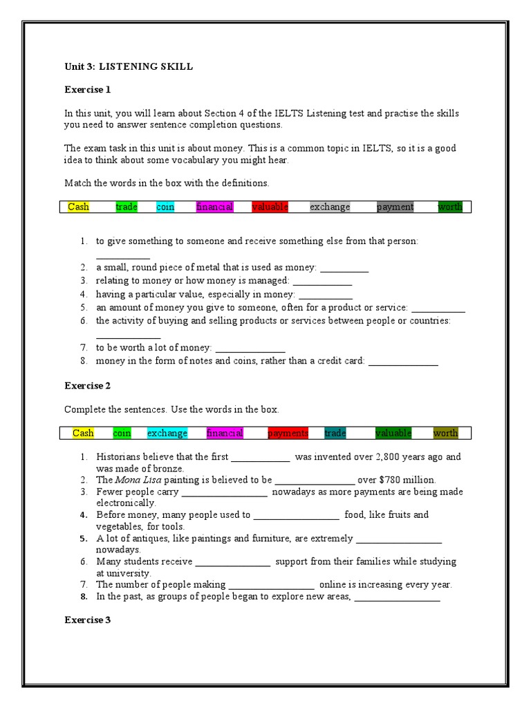 Unit 3: Listening Skill Exercise 1 | PDF | Money | Adjective