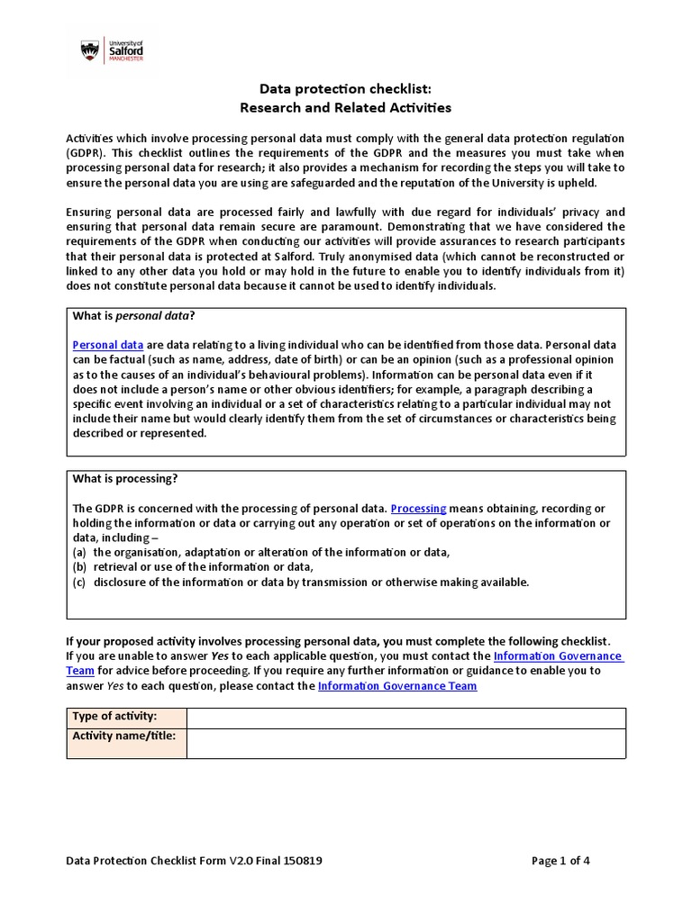 Data Protection Checklist: Research and Related Activities: What Is ...