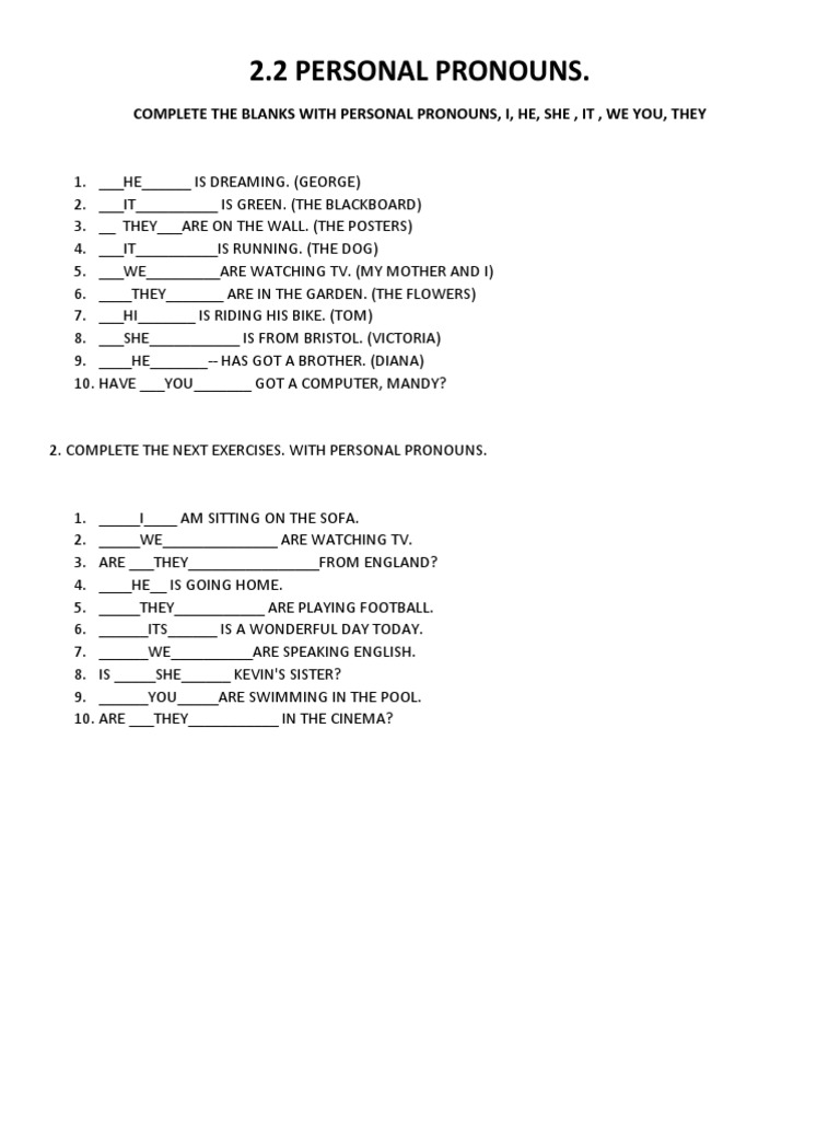 2.2 Personal Pronouns.: Complete The Blanks With Personal Pronouns, I ...