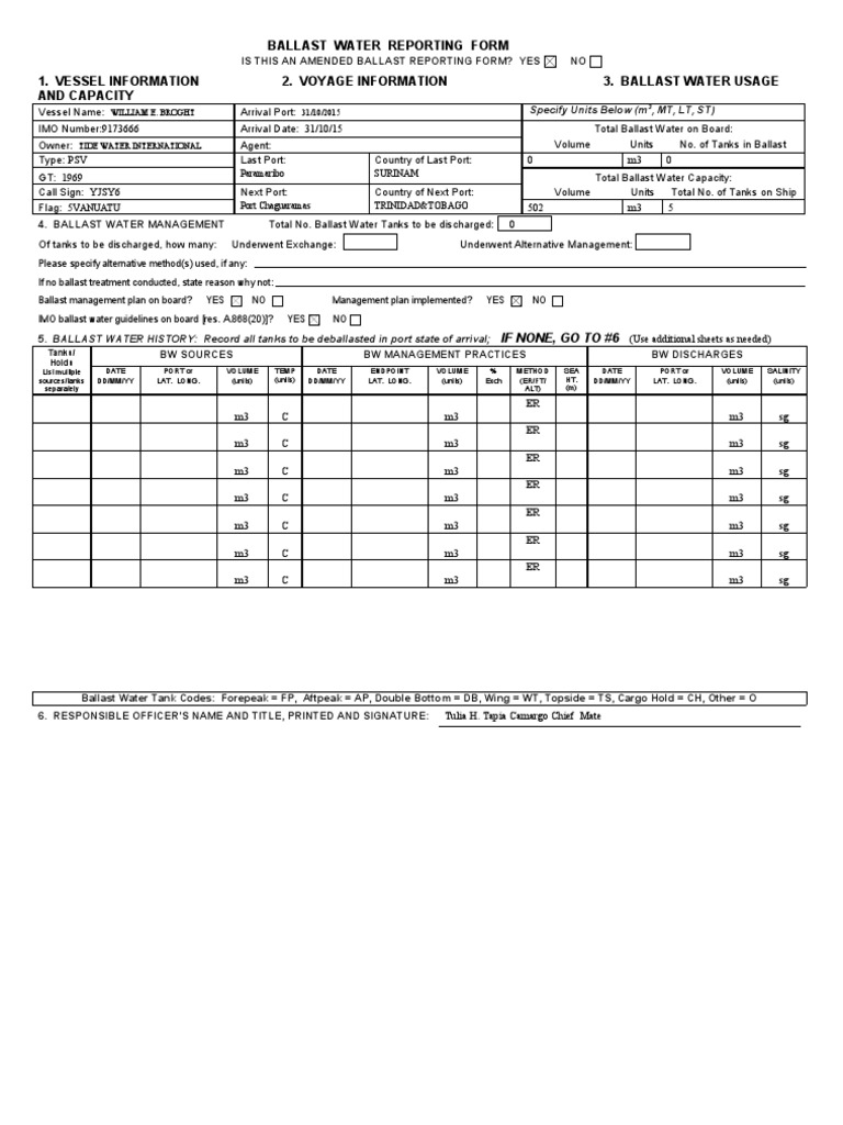 Ballast Water Management Form | PDF | Freight Transport | Shipping