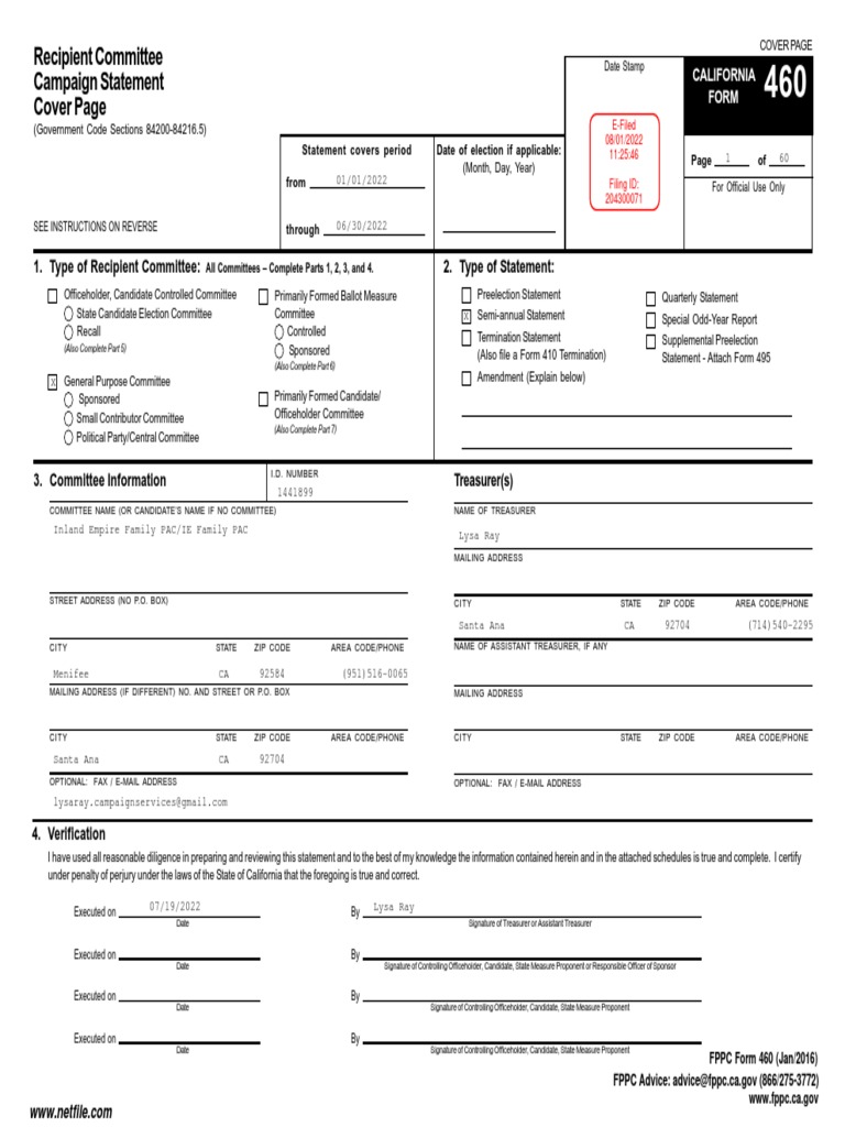 Form 460 Filed by Inland Empire Family PAC | PDF | Political Action ...
