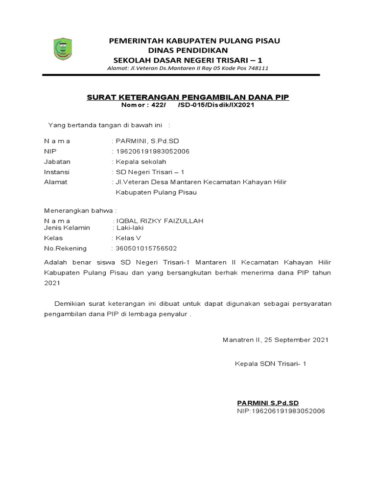 Surat Ket Pip 2018 | PDF