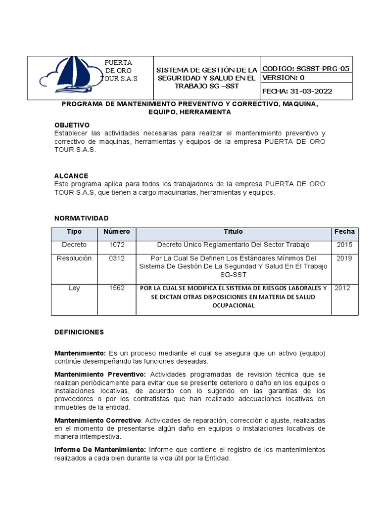 SG-SST-PRG-05 Programa Mantenimiento Preventivo y Correctivo, Maquina ... SG-SST-PRG-05 Programa Mantenimiento Preventivo y Correctivo, Maquina ...