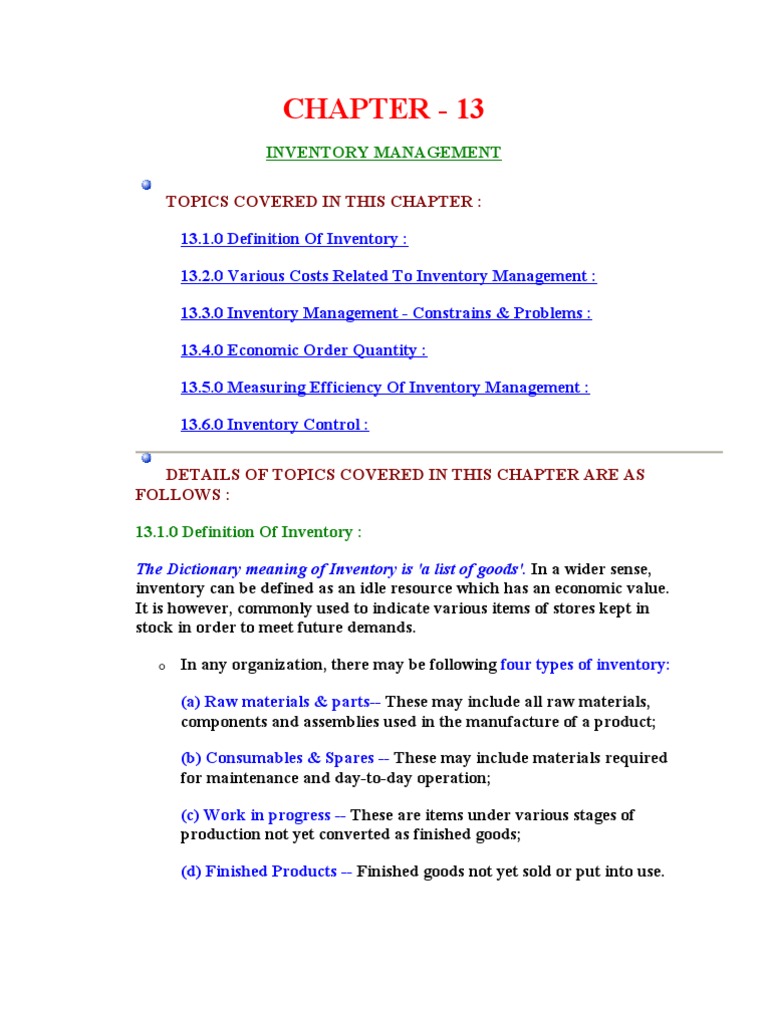 Chapter - 13: Inventory Management | PDF | Inventory | Stocks