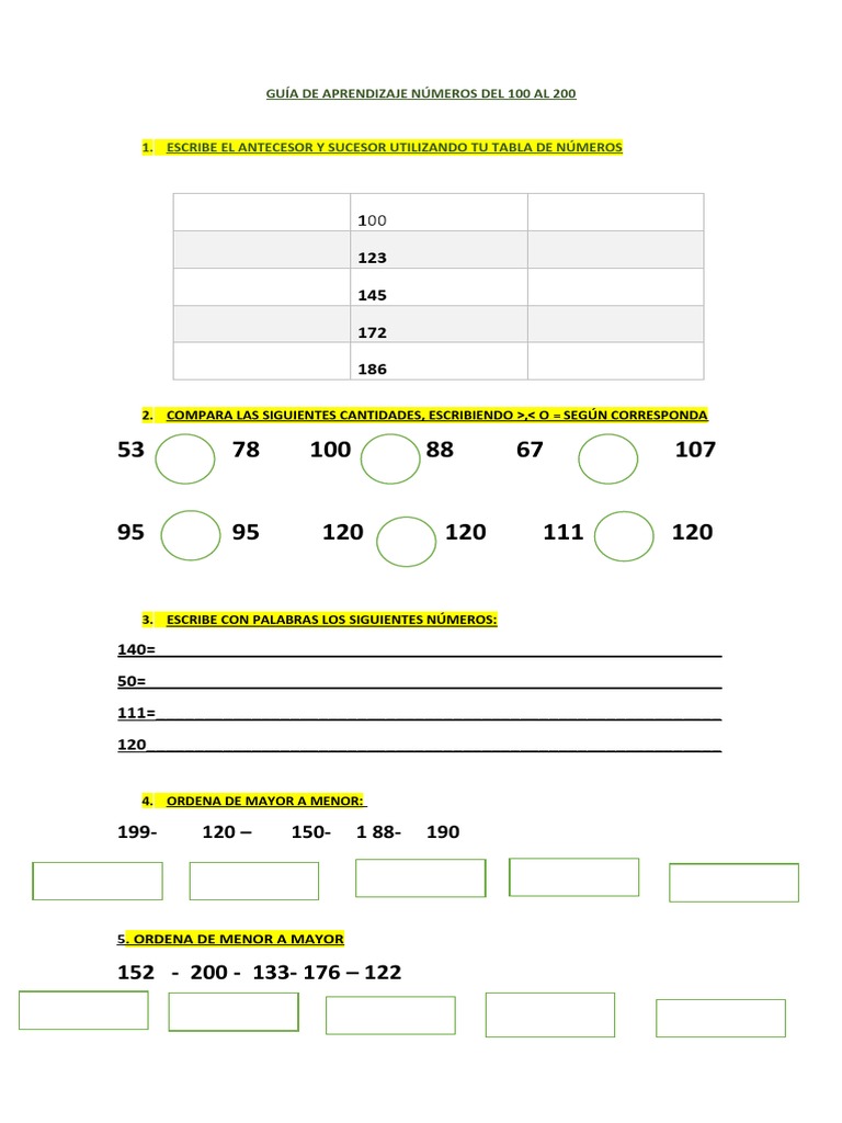 Guía de Aprendizaje Números Del 100 Al 200 | PDF