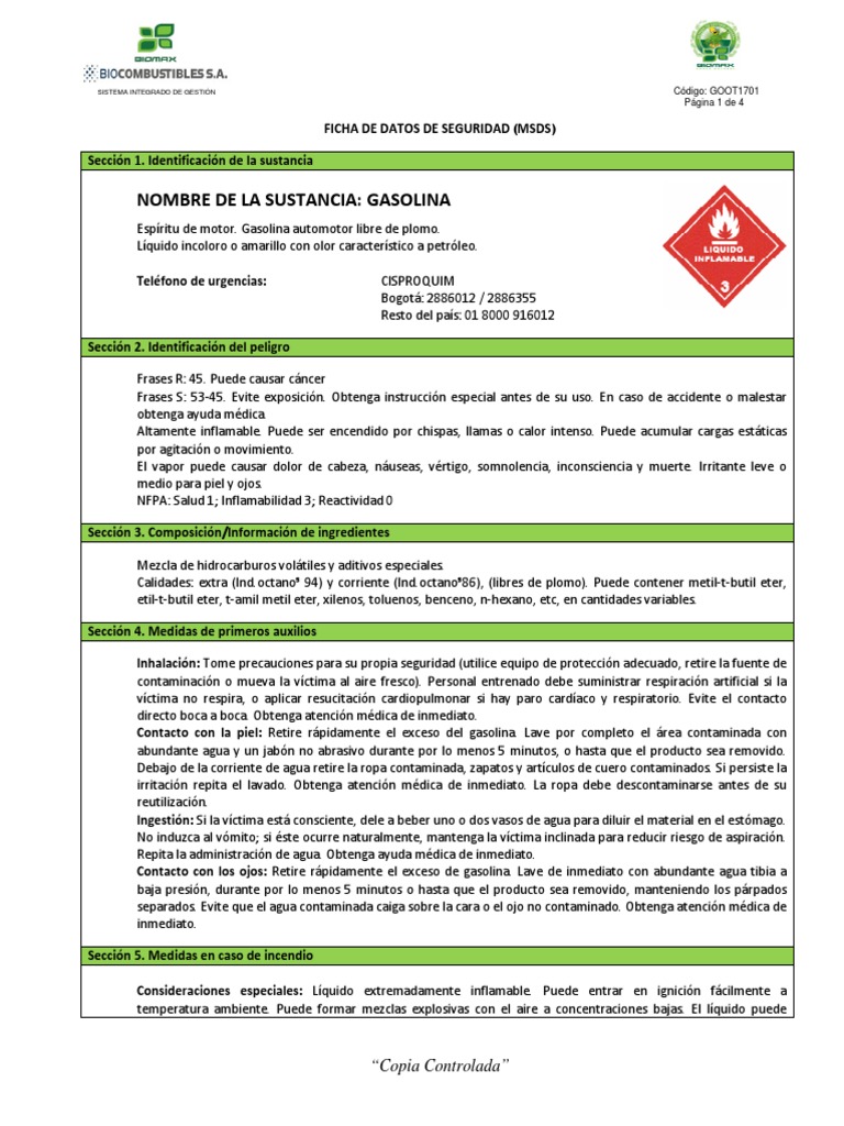 Ficha de Datos de Seguridad Gasolina | PDF | Agua | Quemar