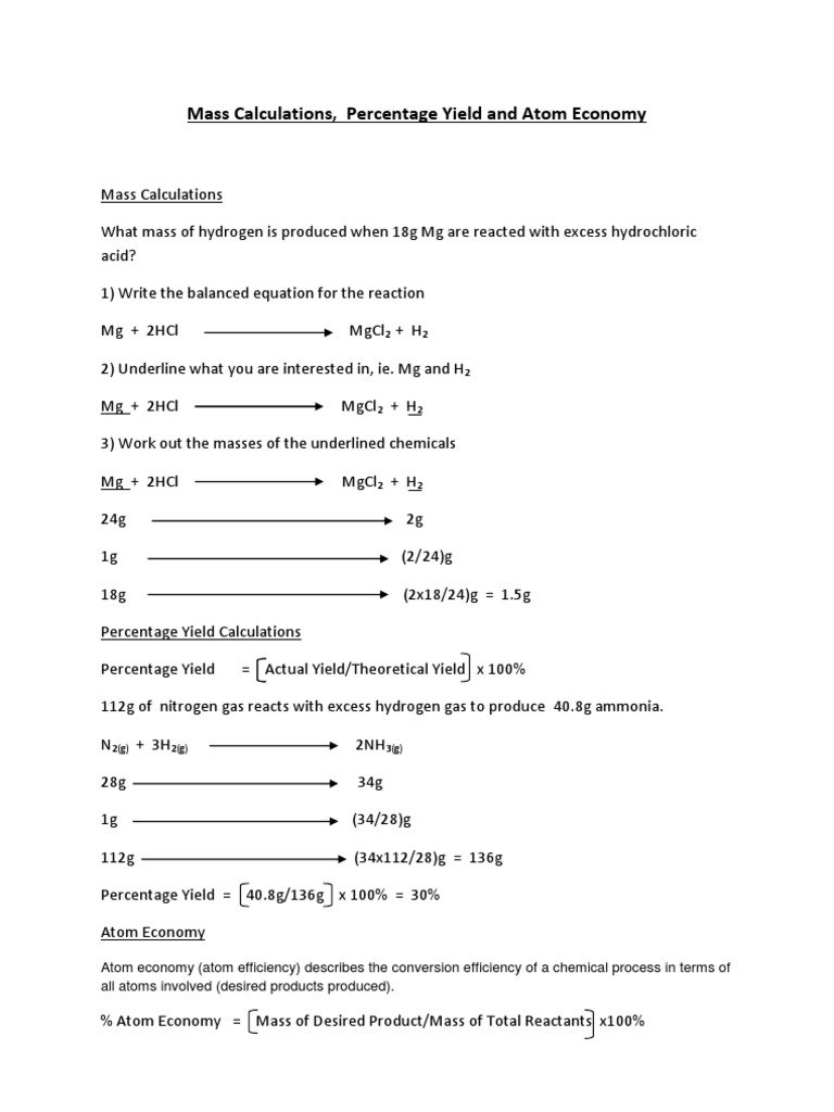 Mass Calculations, Percentage Yield and Atom Economy