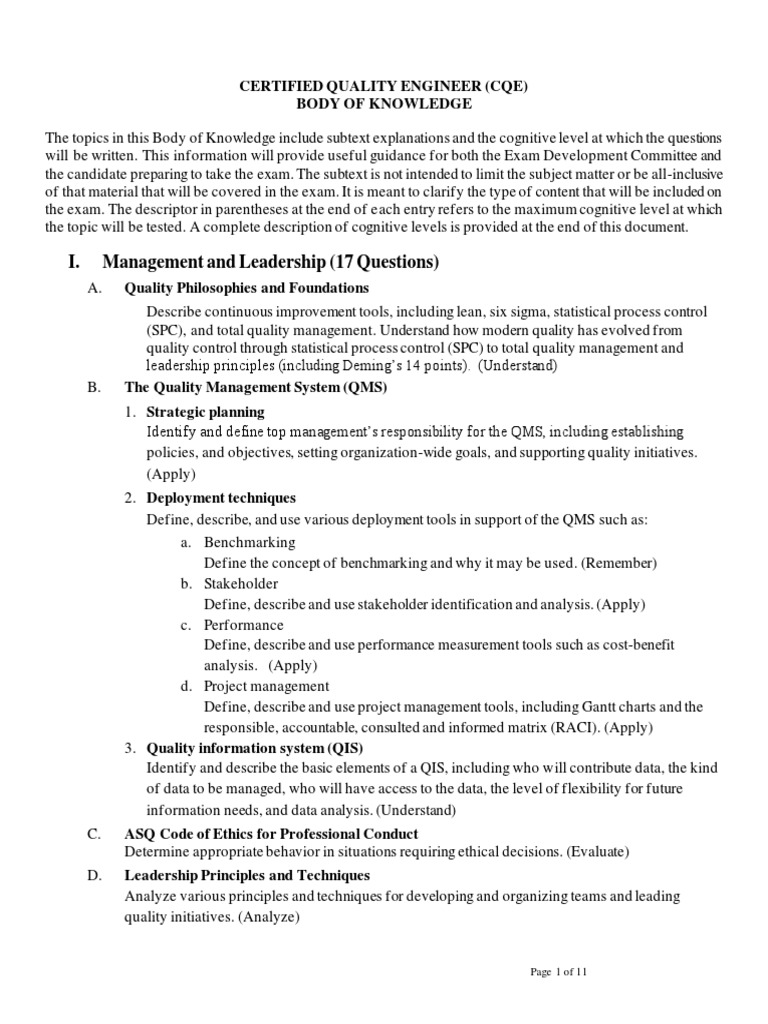 I. Management and Leadership (17 Questions) : Certified Quality ...