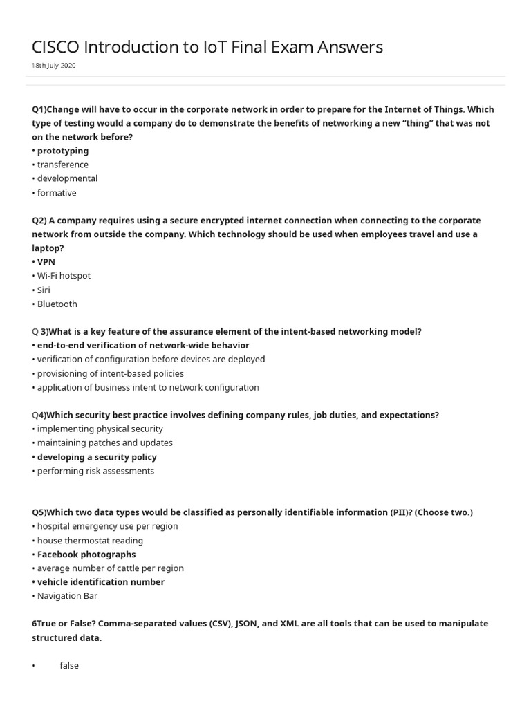 CISCO Introduction To IoT Final Exam Answers | PDF | Internet Of Things ...