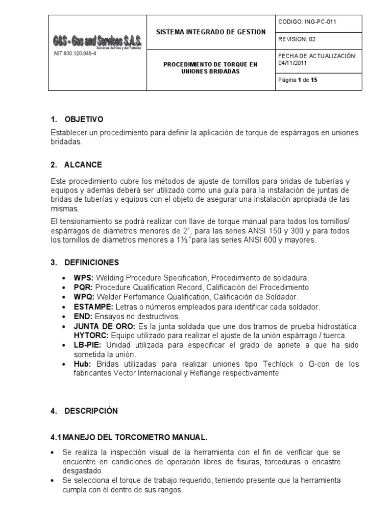Procedimiento de Torque en Uniones Bridadas | PDF | Tornillo | Quemar