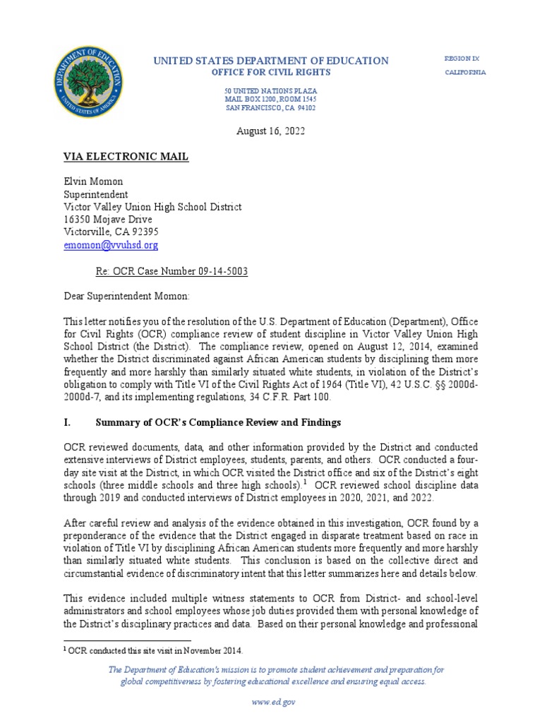 US Dept. of Education's Office For Civil Rights Letter To Victor Valley ...