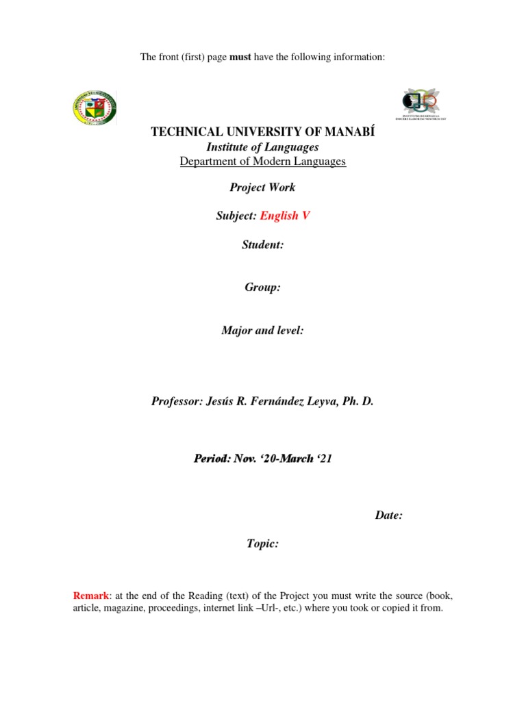 Project Work Front Page. English V | PDF