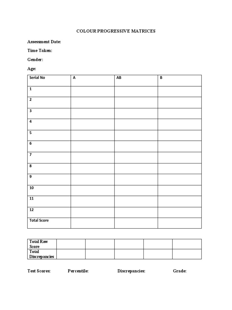 Colour Progressive Matrices Scoring Sheet | PDF
