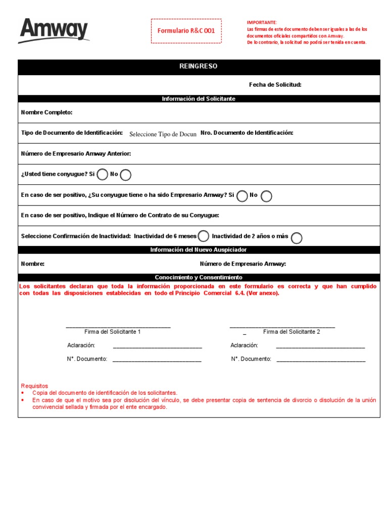 Formulario R&C 001 Reingreso | PDF