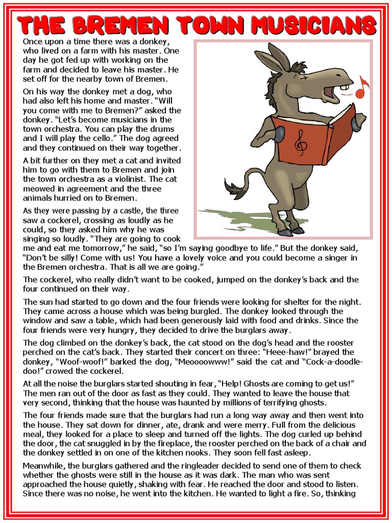 The Bremen Town Musicians Esl Printable Fairy Tale Reading Text For ...