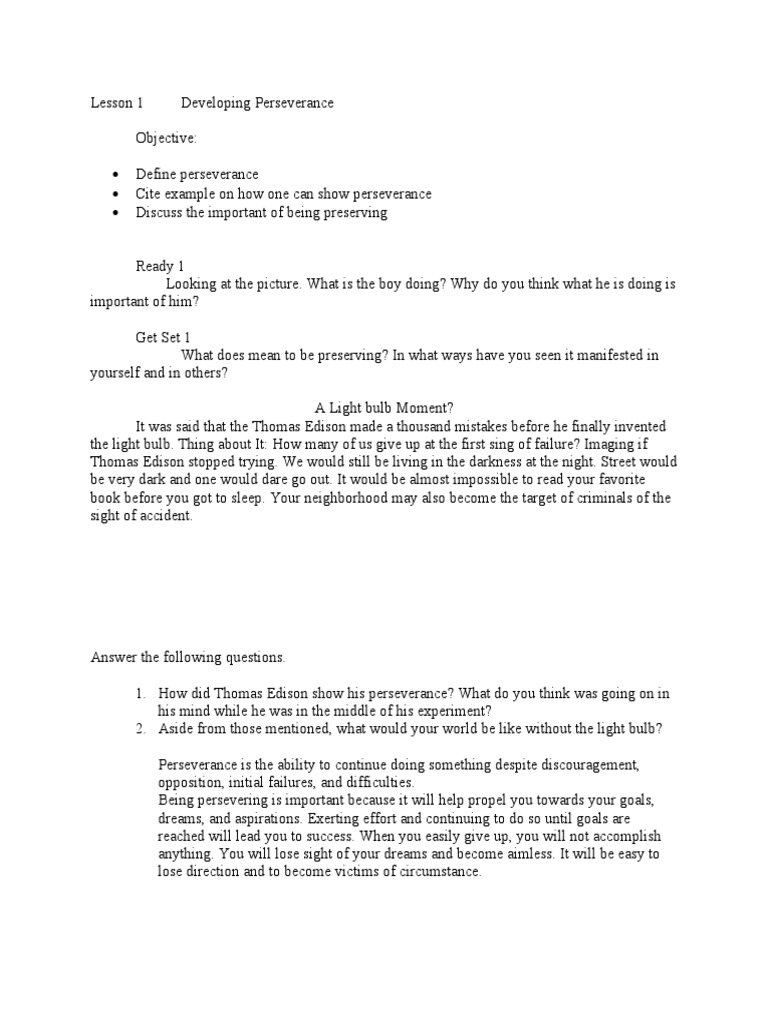 Lesson 1developing Perseverance | PDF