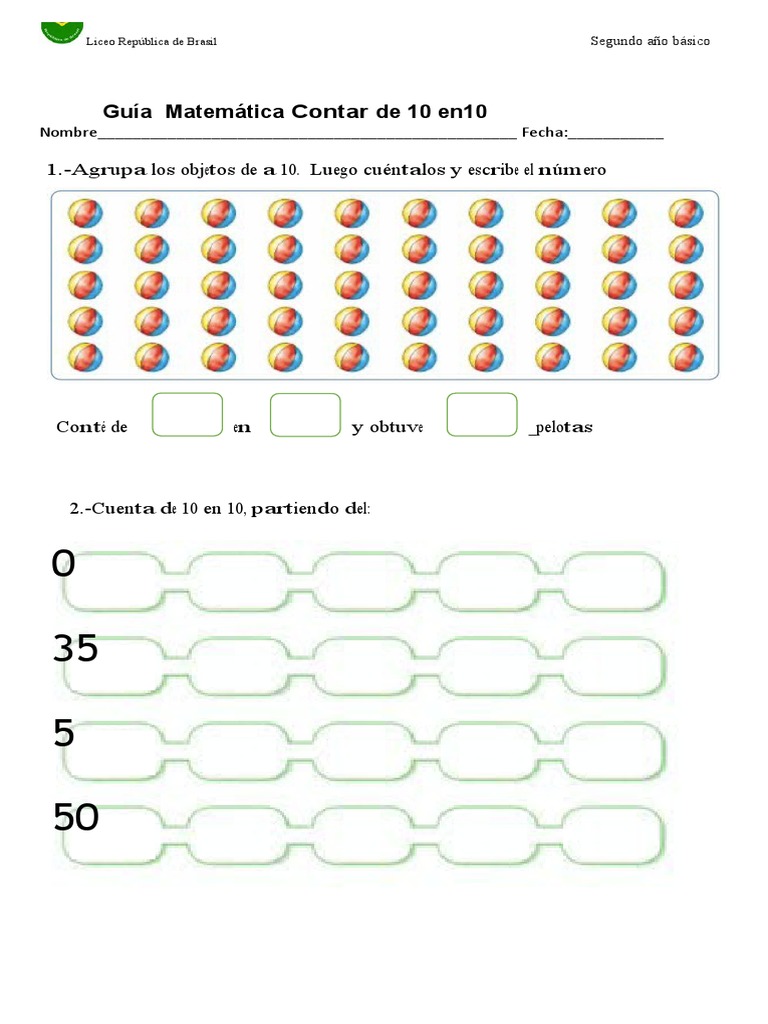 Guía Matemática: Contar de 10 en 10 | PDF