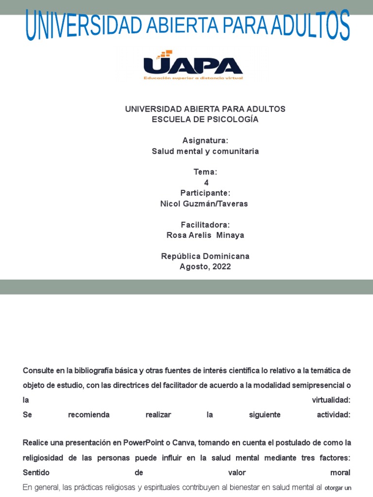 Tarea 4 de Salud Mental y Comunitaria Nicol | Descargar gratis PDF | Salud mental | Mente
