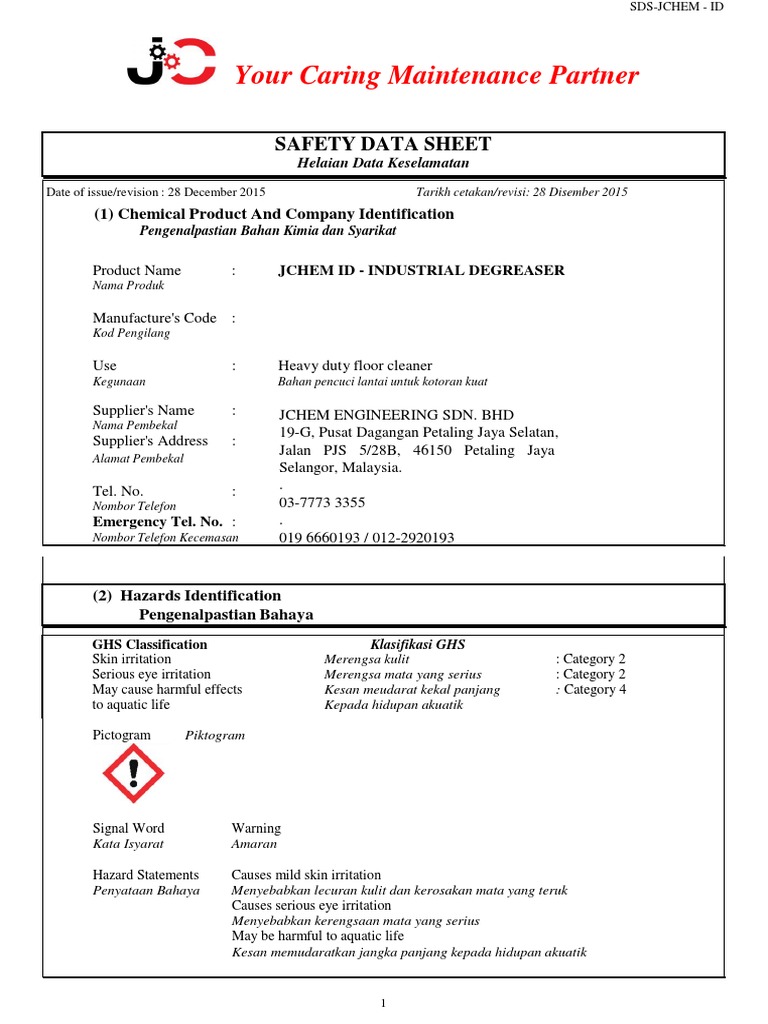 JCHEM ID Industrial Degreaser SDS | PDF | Dangerous Goods | Toxicity