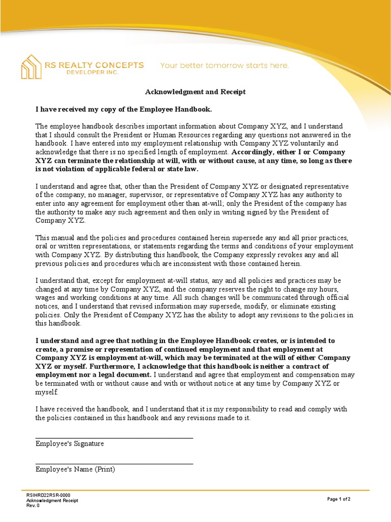 RS Acknowledgment Receipt - Employee Handbook | PDF | Employment | At ...