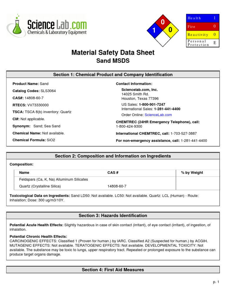Sand MSDS: Section 1: Chemical Product and Company Identification | PDF ...