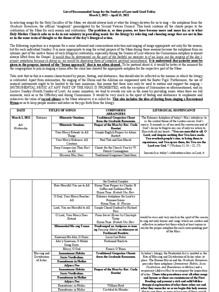 List of Recommended Songs For The Sundays of Lent Until Good Friday ...